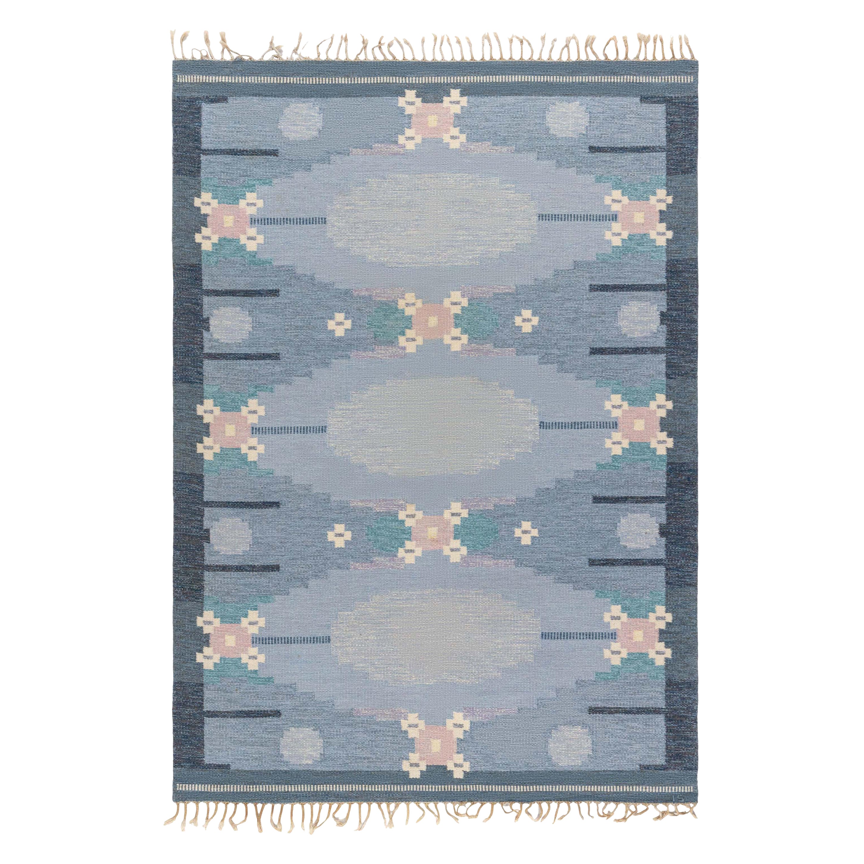 Vintage Swedish Green Brown Beige Flat-Weave Wool Rug Signed by ...