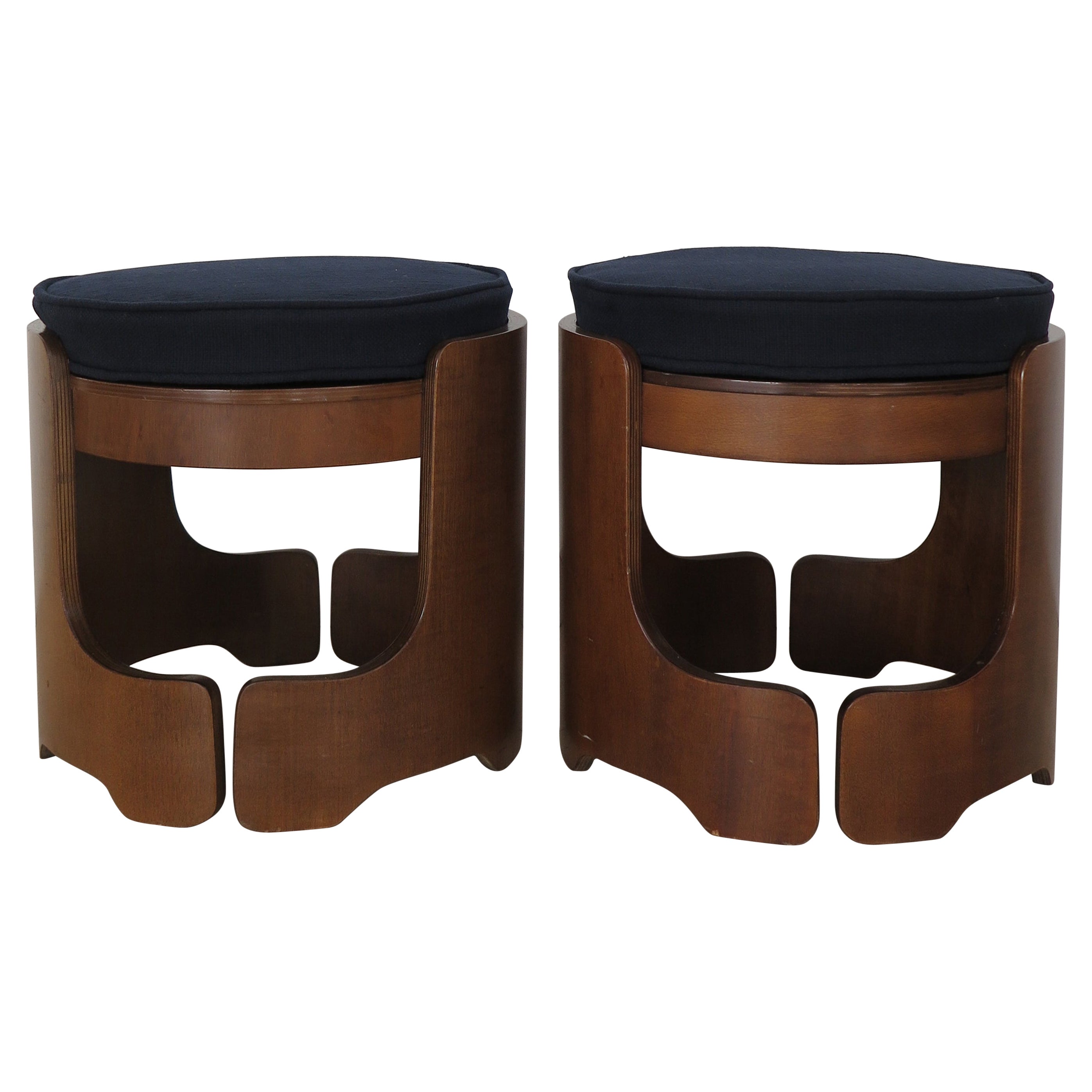 Italian Walnut and Blue Fabric Stools 1960s For Sale at 1stDibs