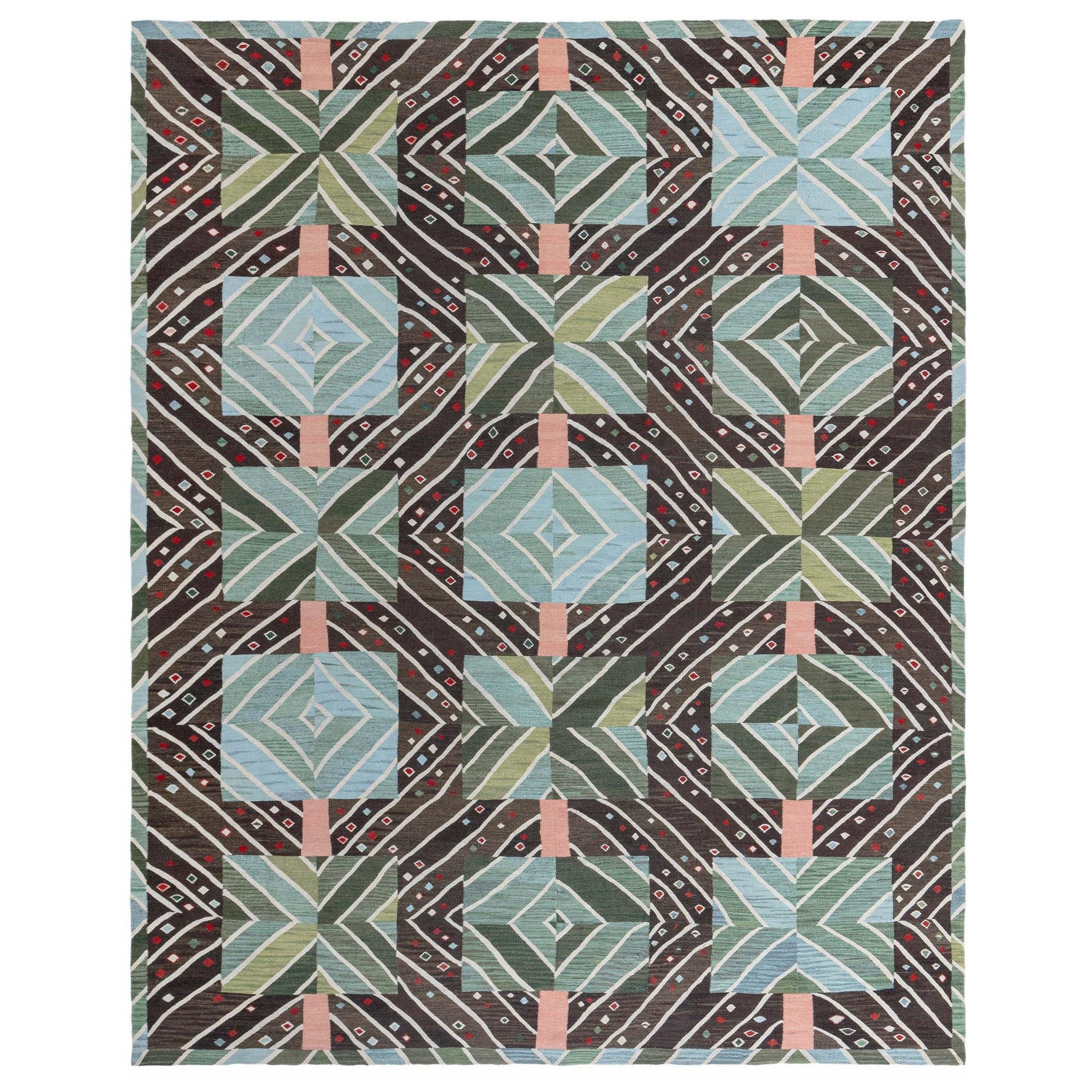 Modern Swedish Green Geometric Rug For Sale at 1stDibs