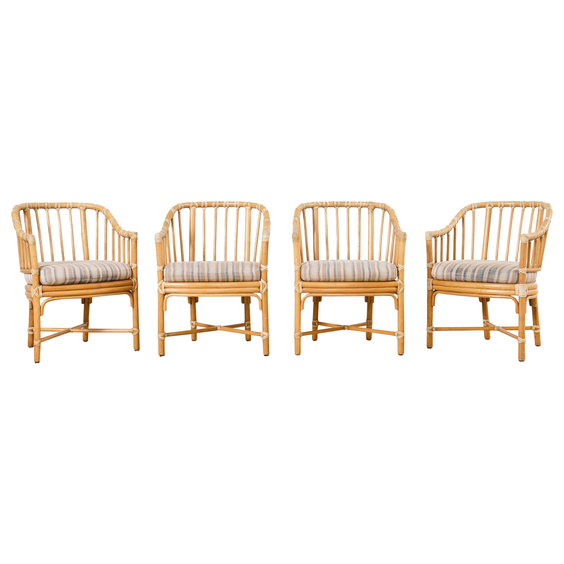 Set Of Five Mcguire Style Rattan Cane Barrel Back Dining Chairs At