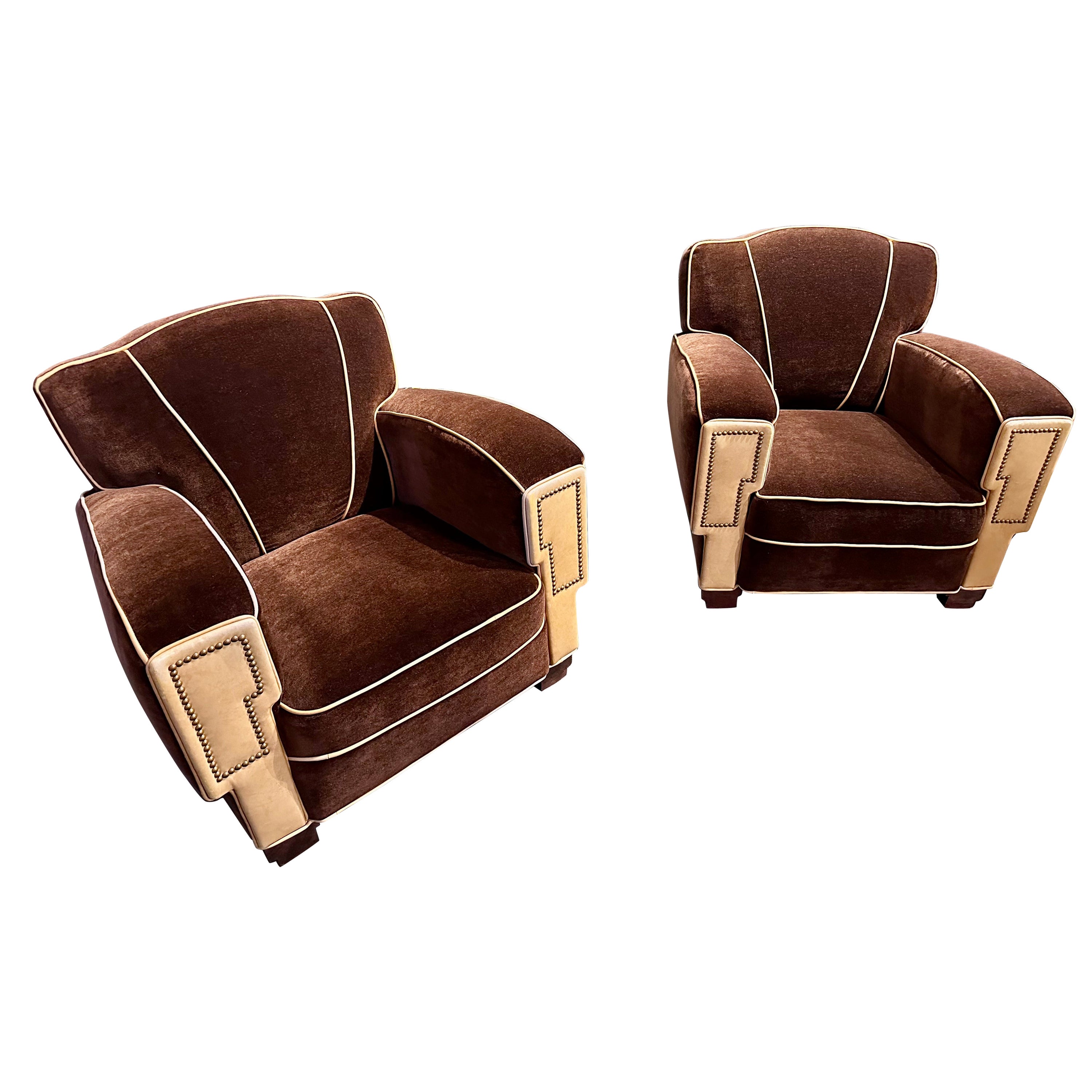 European Art Deco Mohair and Leather Glamour Club Chairs Pair Hollywood ...