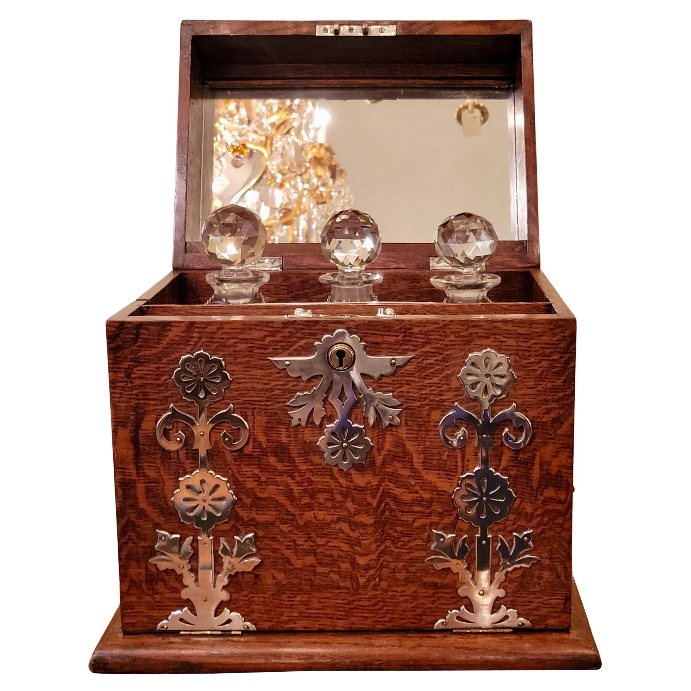 Antique English Silver Plate Mounted Oak Tantalus and Games Compendium ...