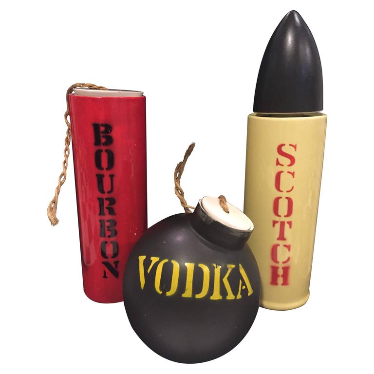 Davar Bar Decanter Set Bourbon Dynamite, Vodka Bomb, Scotch Bullet at ...