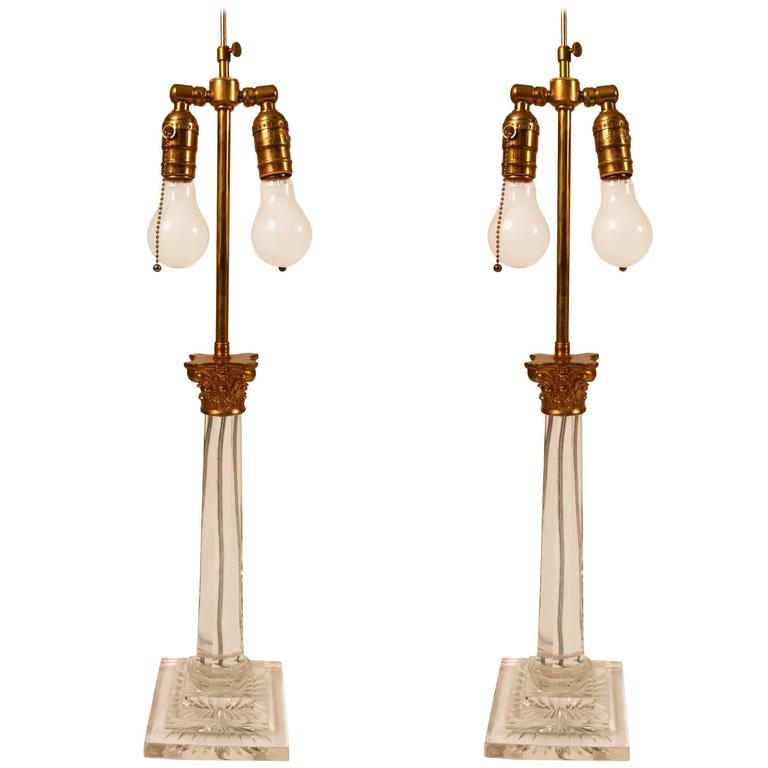 Pair of Classical Glass Column Table Lamp with Brass Corinthian Capital ...