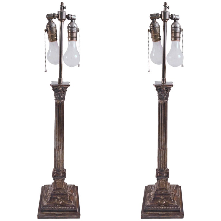 Pair of Classical Silver Plate Column Lamps For Sale at 1stDibs