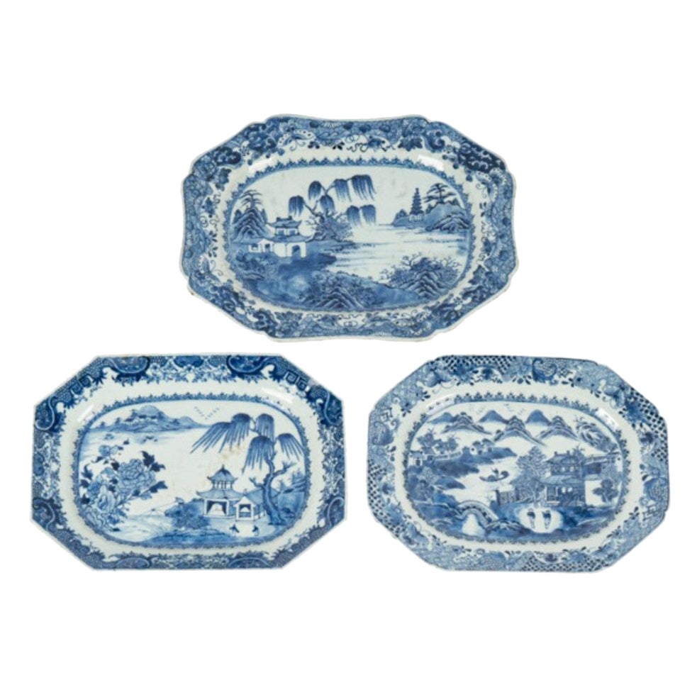 Collection of three Chinese Export Blue and White Platters For Sale at ...