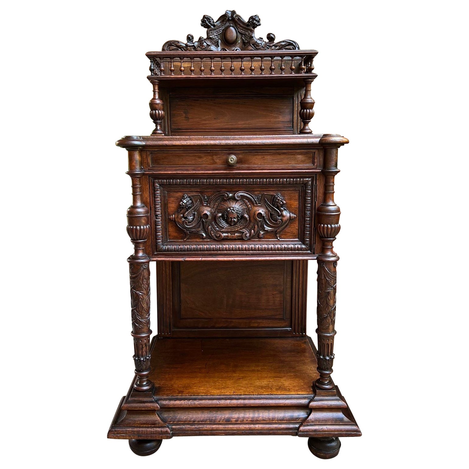 Antique French Side End Table Cabinet Carved Oak Renaissance Spindle ...