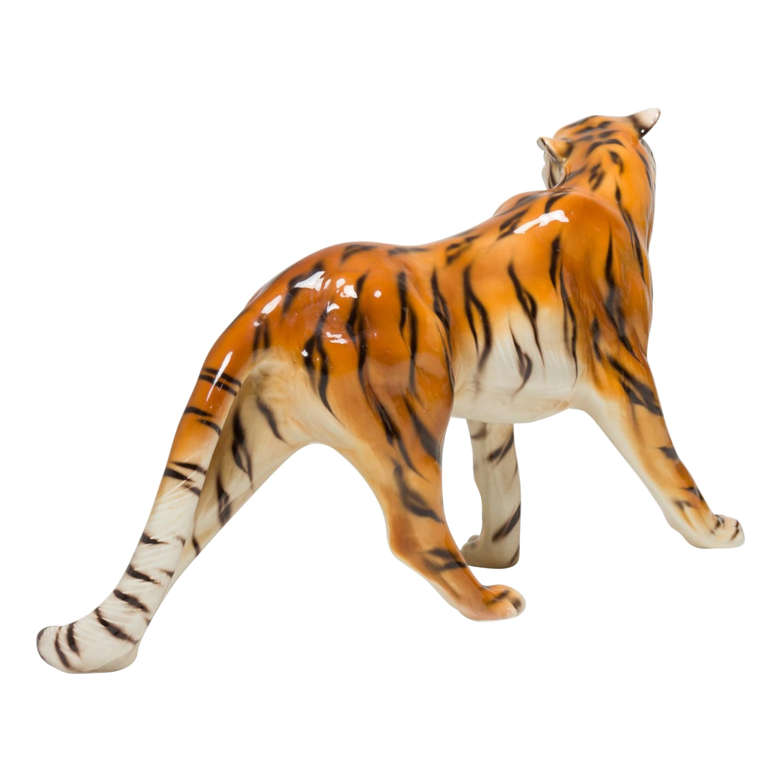 Italian Mid-Century Glazed Porcelain Striding Tiger Sculpture manner of ...