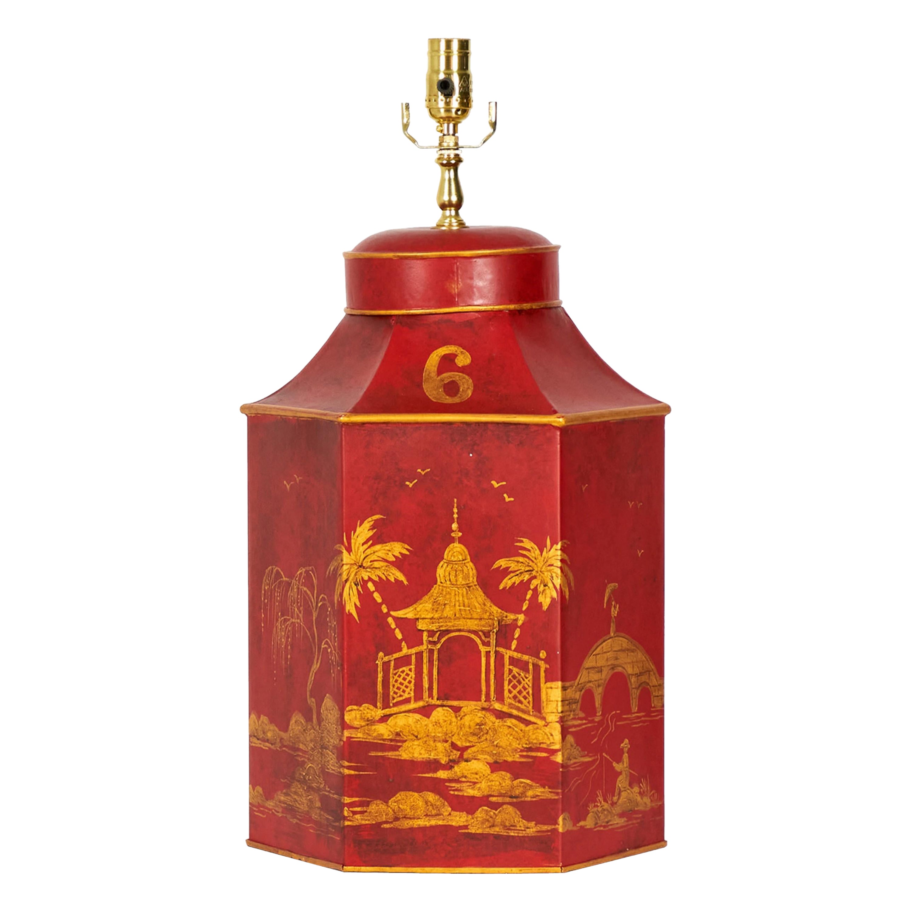 Vintage Muted Gold and White Hand Painted Hexagonal Shaped Table Lamp ...