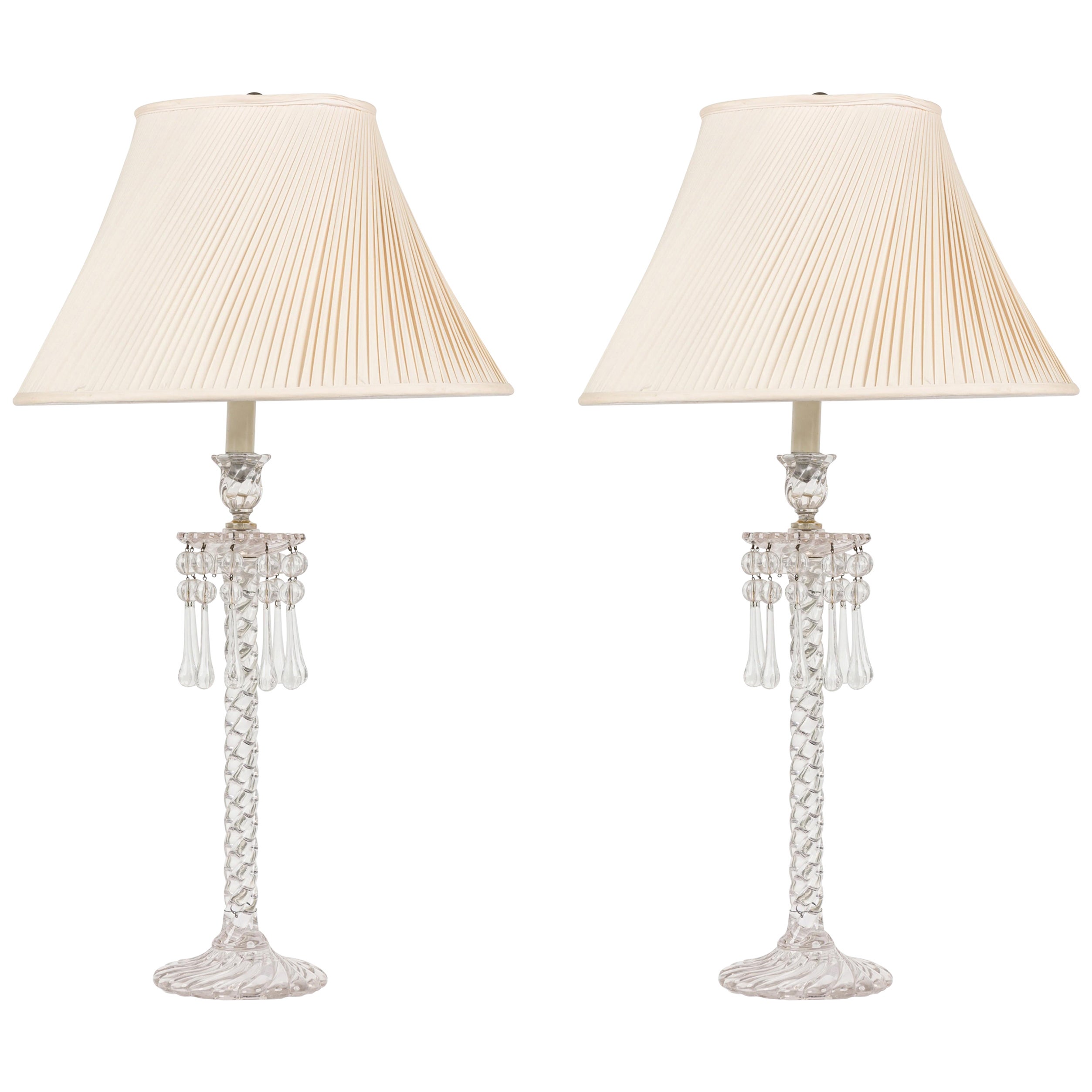 Pair of English Victorian Cut Crystal Glass Table Lamps w/ Pleated ...