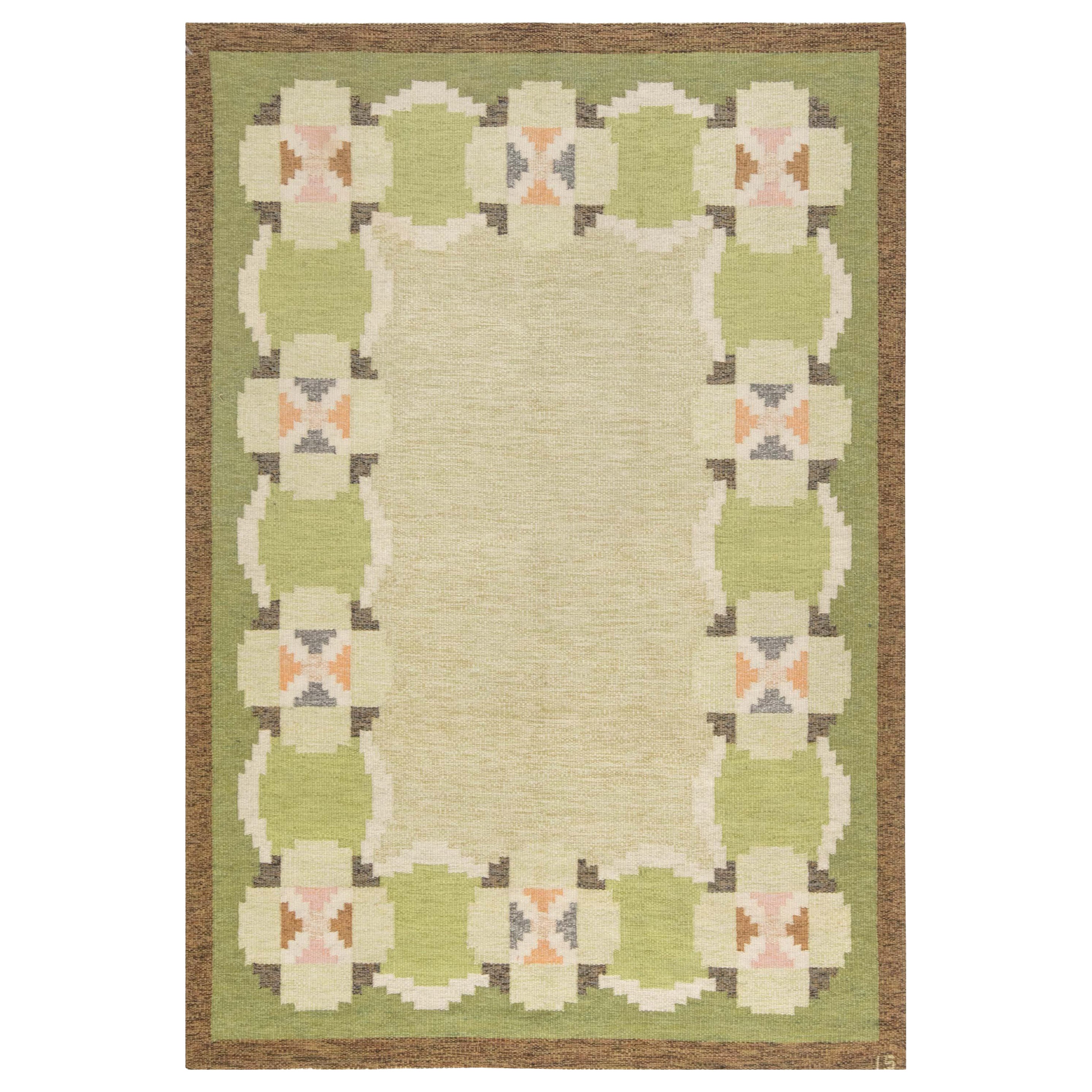 Vintage Swedish Green Brown Beige Flat-Weave Wool Rug Signed by ...