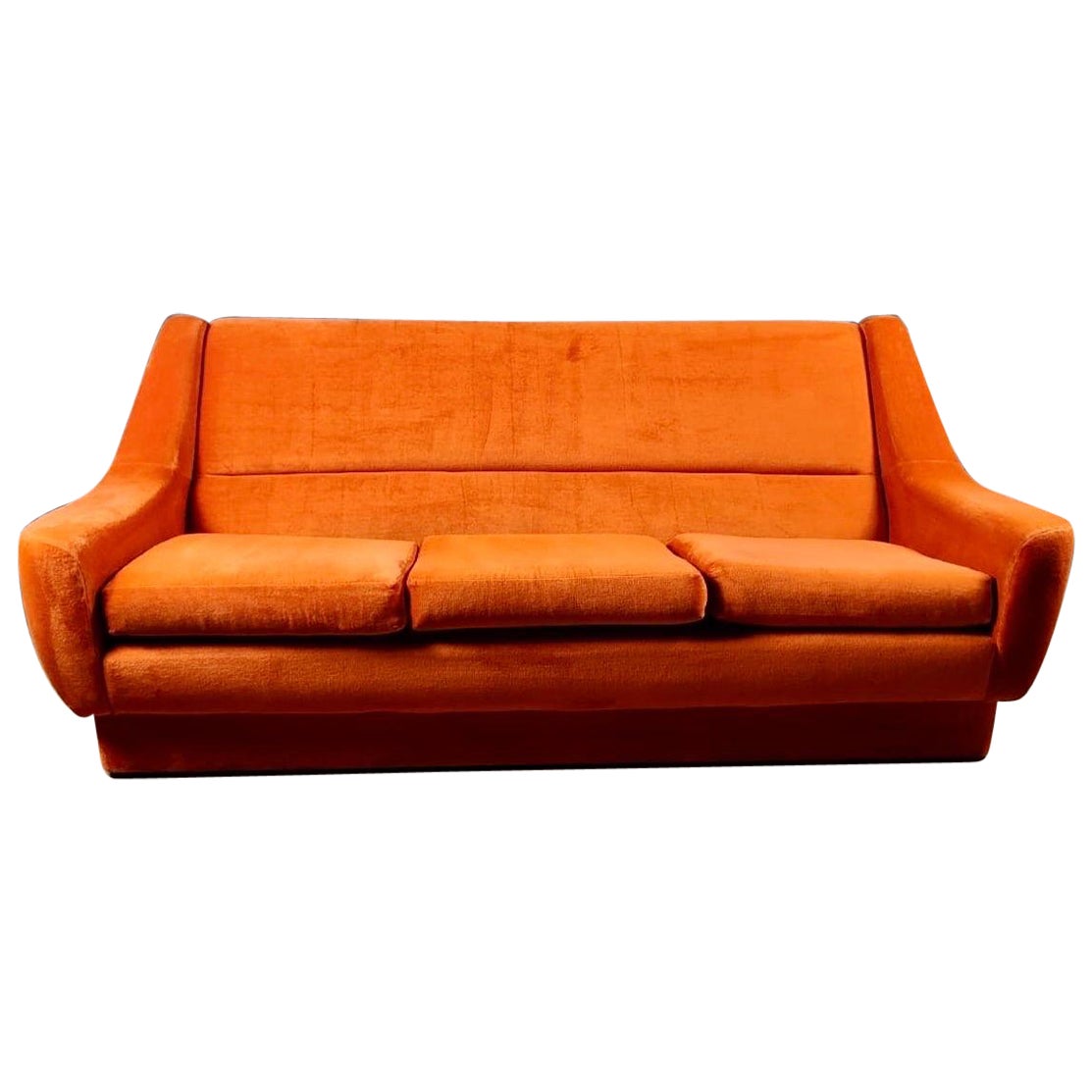 Mid Century Orange Coral Velvet Three Seater Sofa Vintage Retro MCM For ...
