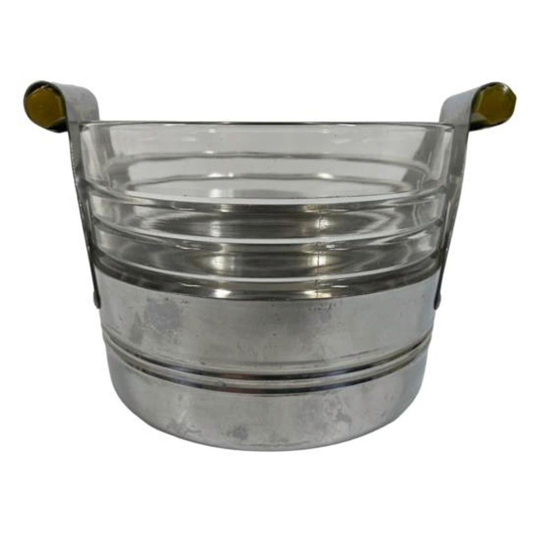 Art Deco Ribbed Glass Ice Bowl in Chrome Stand with Green Bakelite Bar ...