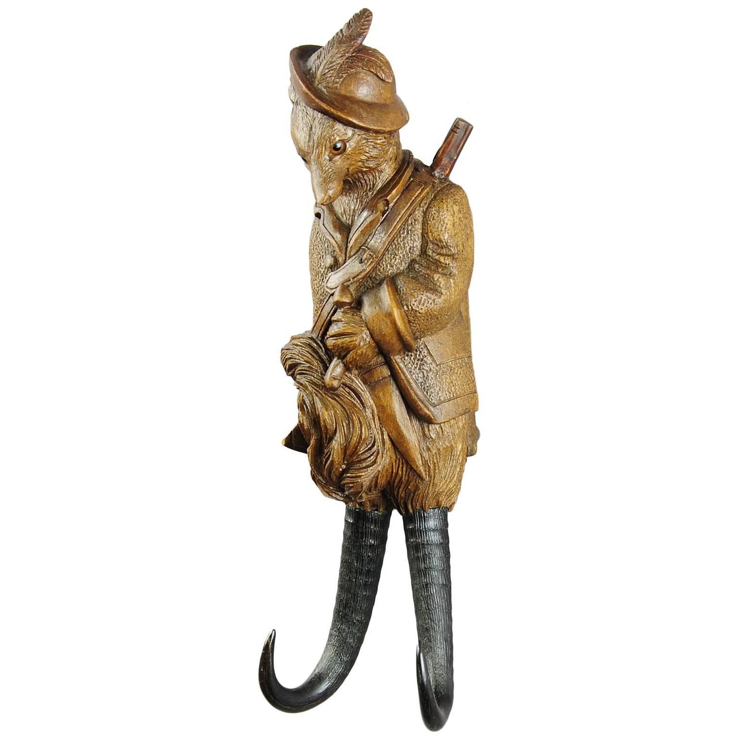 Rustic Carved Wood Hunter Fox Coat Hook with Music at 1stdibs
