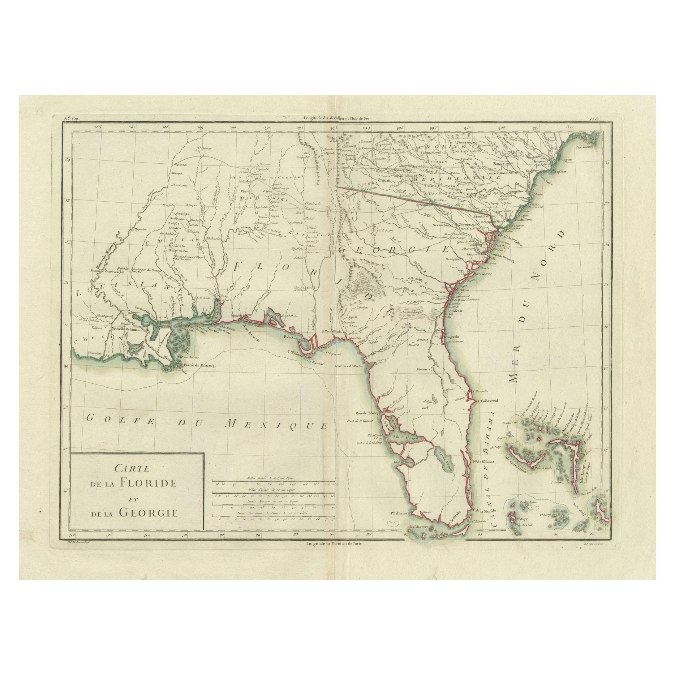 Antique Map of Florida and Georgia, Gulf of Mexico, Caribbean Islands ...