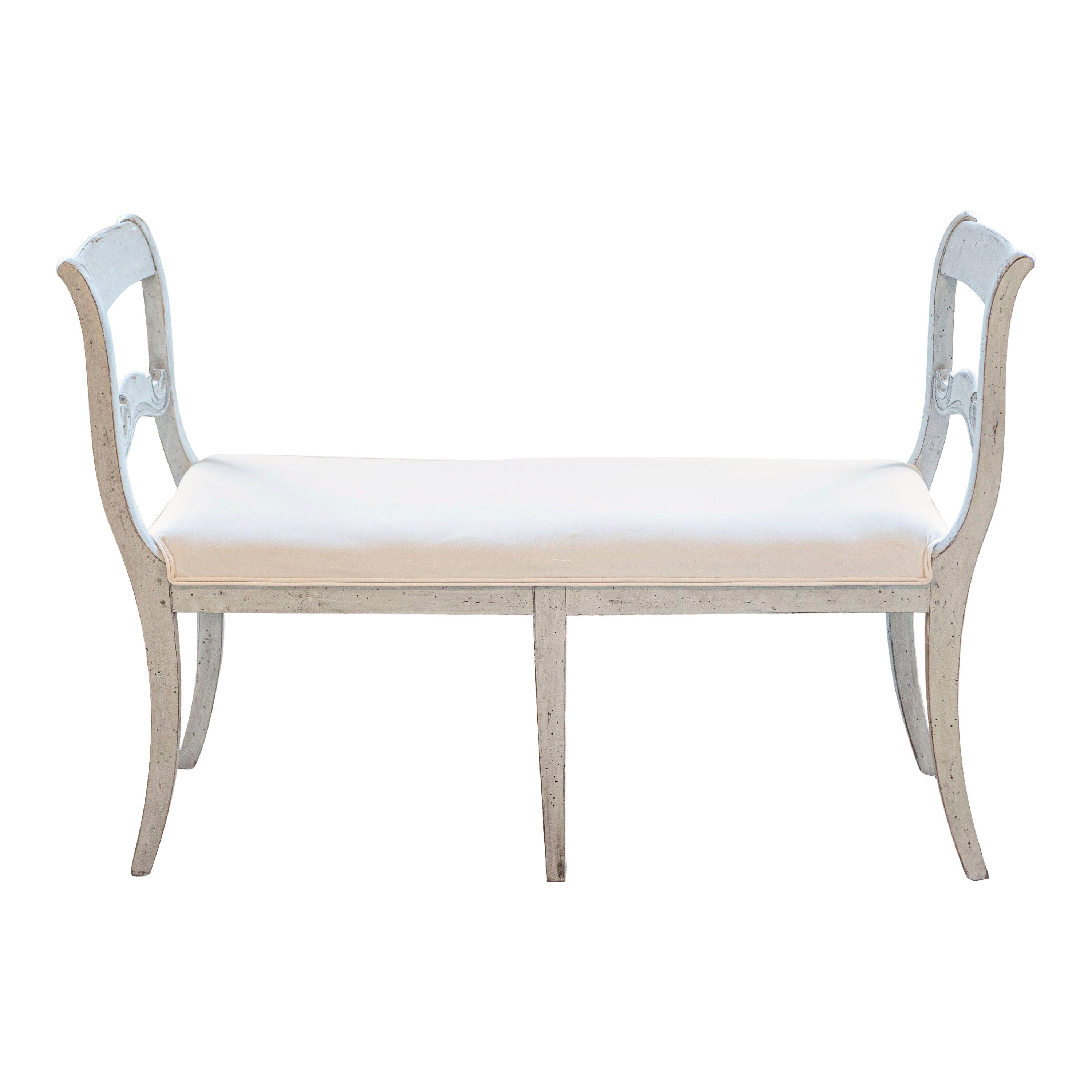 English 1880s Bobbin Leg Bench with Cross Stretchers and New Upholstery ...