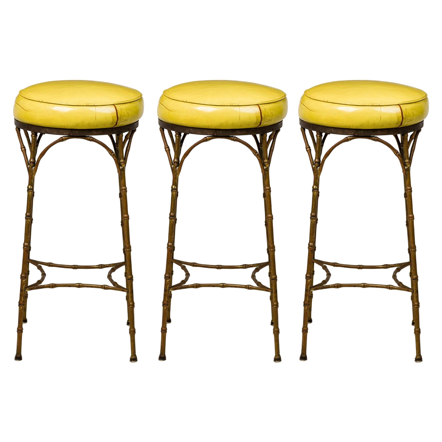 Set of 3 Mid-Century American Yellow Leather and Brass Faux Bamboo Bar ...