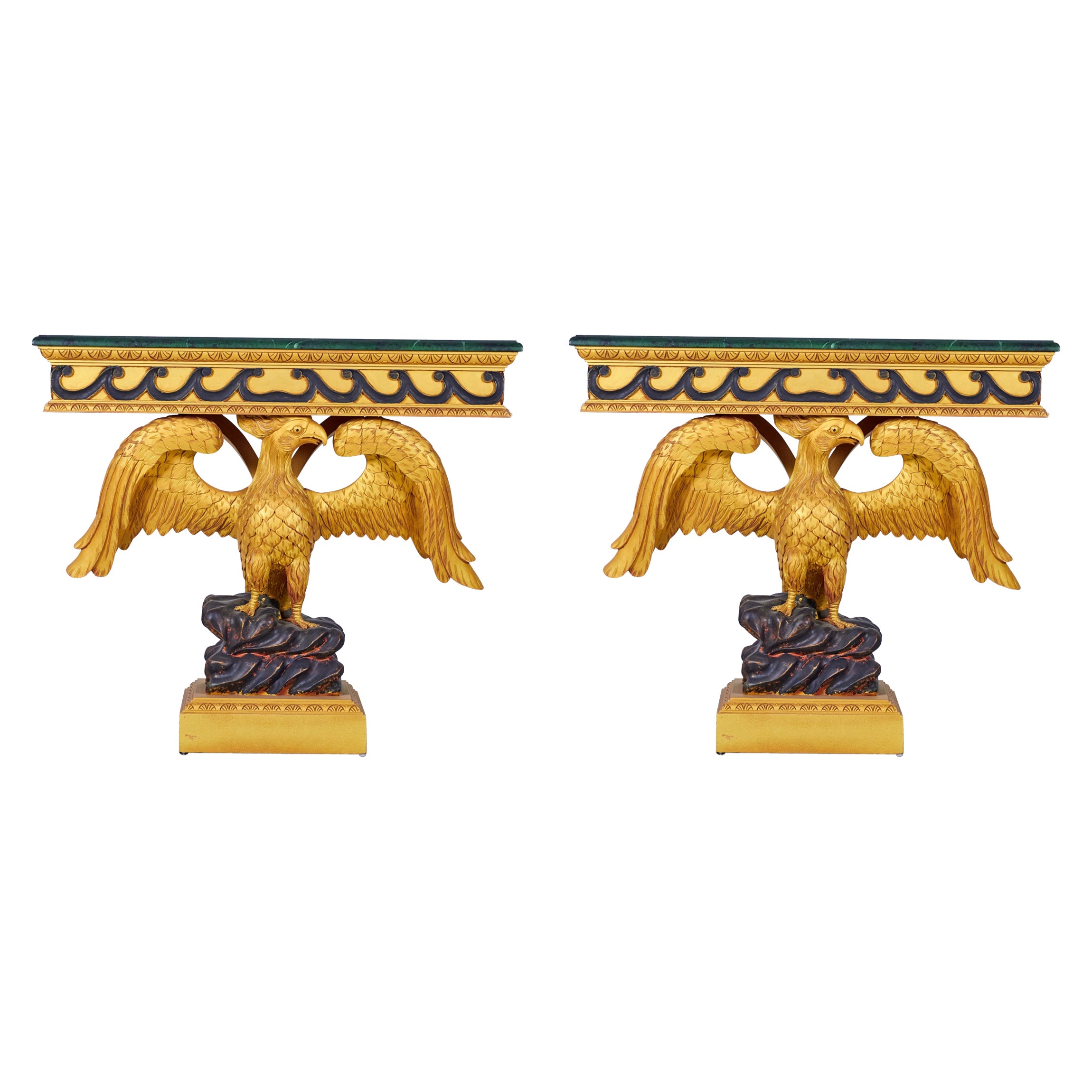 Pair of English Regency Style Gilt Eagle Base and Faux Marble Console ...