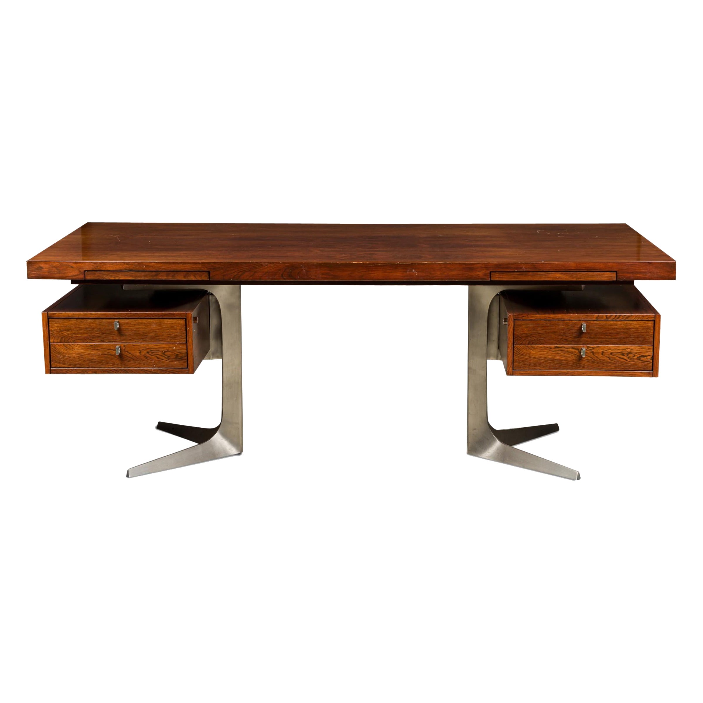 Large Stainless Steel with Burlwood Executive Desk by Leon Rosen at 1stDibs