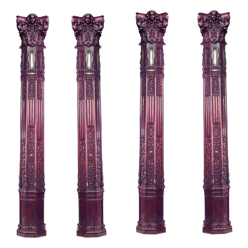Set of 4 English Gothic Revival Carved Mahogany Columns For Sale at 1stDibs