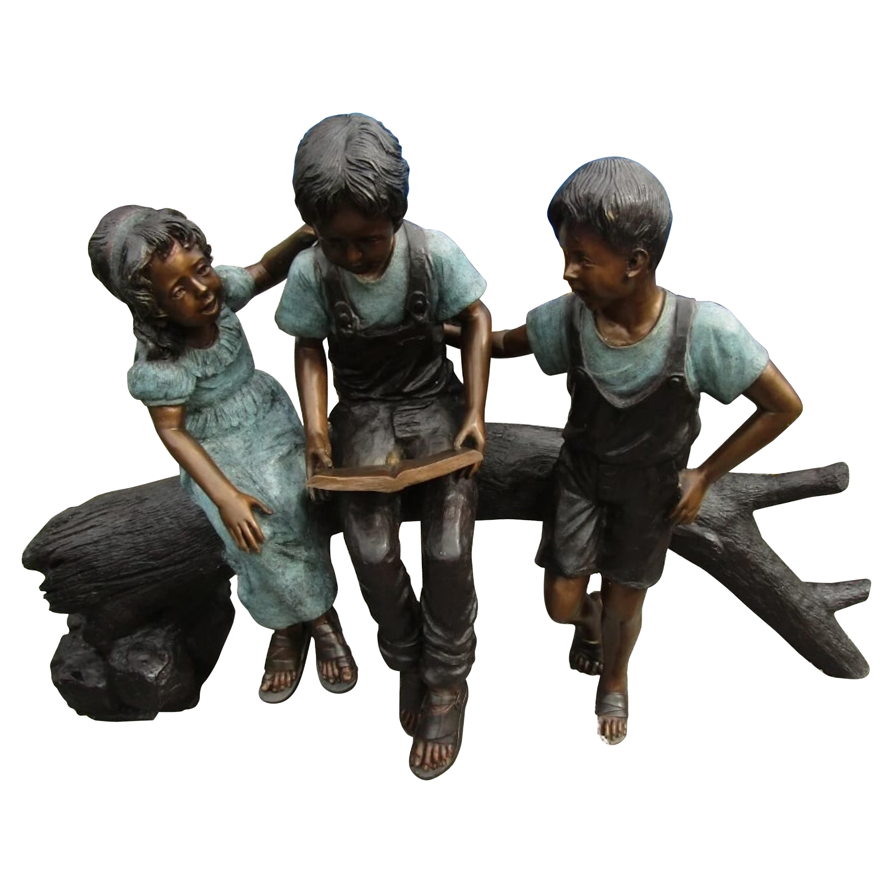 Bronze Statue Of Children Sitting On Log For Sale at 1stDibs