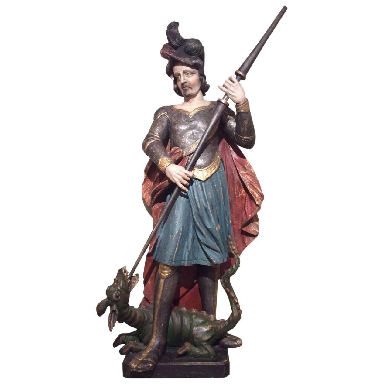 Saint Michael Slaying the Dragon, Carved and Painted Wood, Germany 18th ...