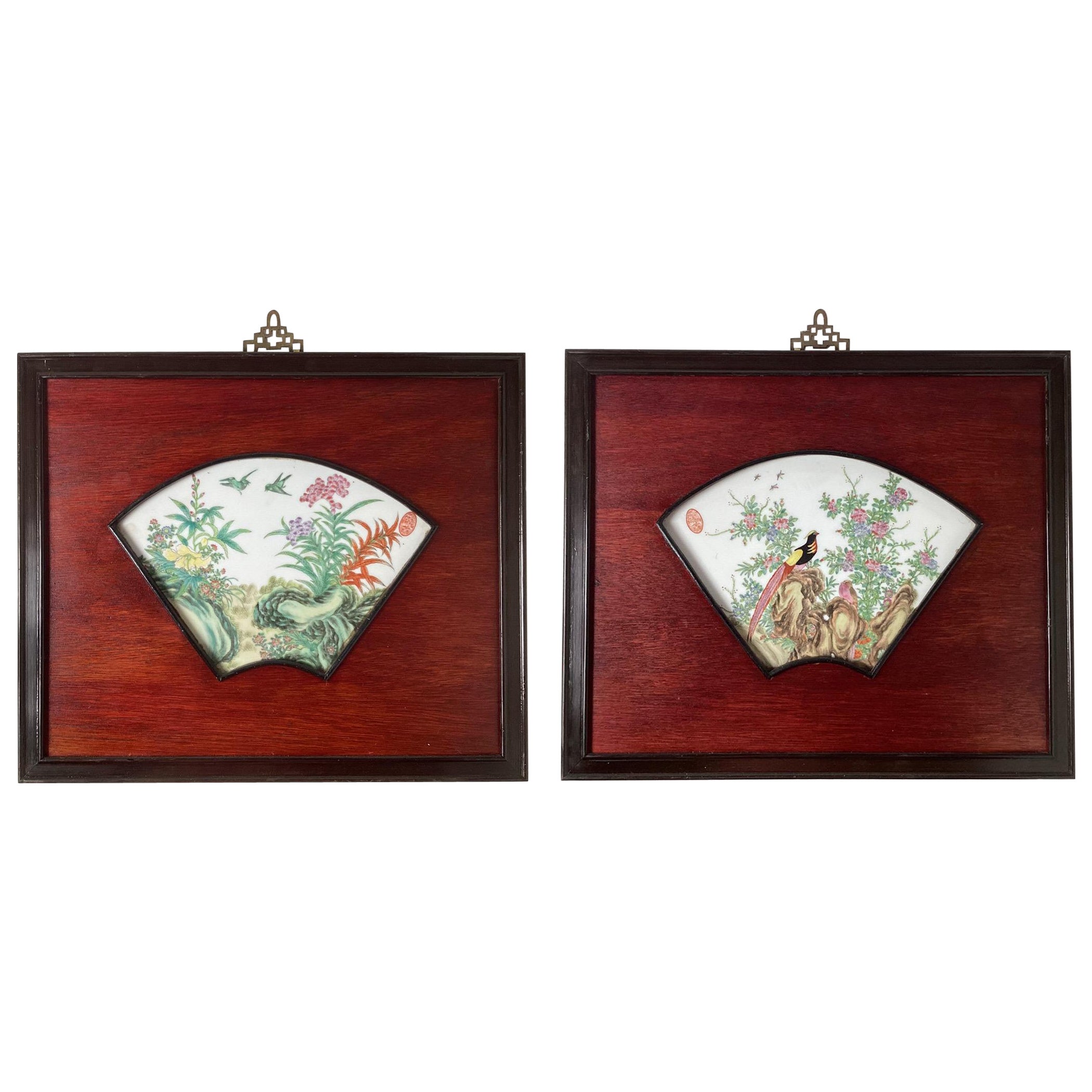 A Pair of Hand Painted Porcelain Fans With Wood Mats and Framed For ...