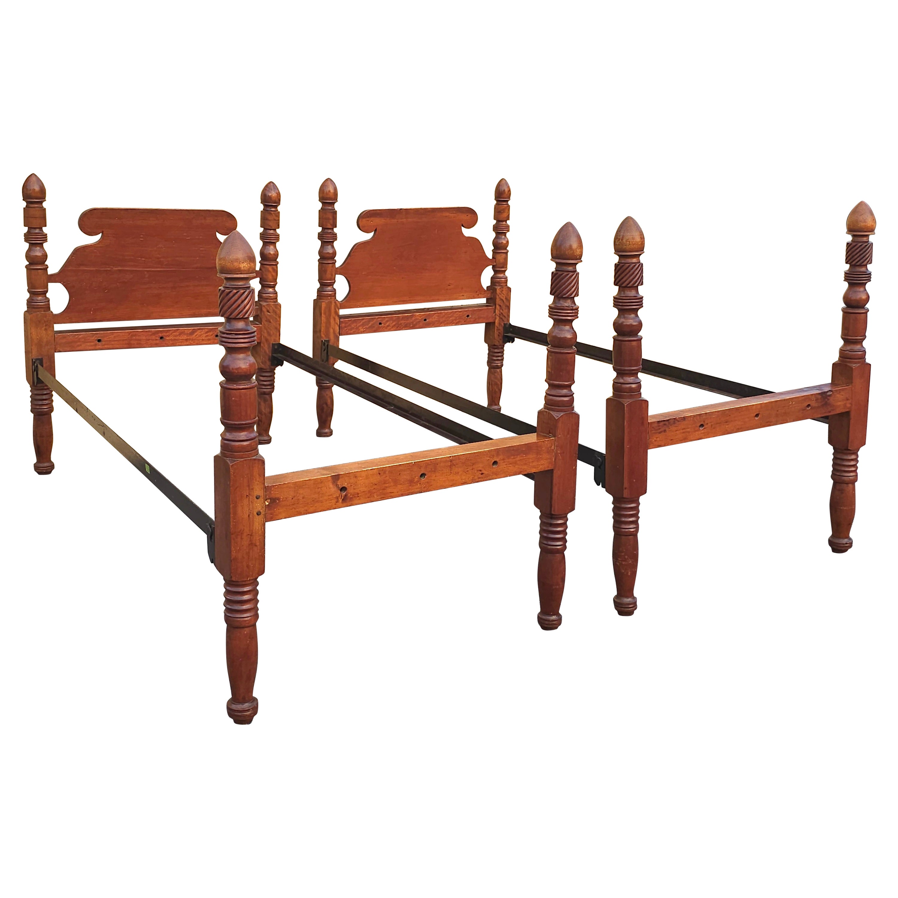 19th C. Victorian Walnut and Maple Converted Rope Semi Poster Twin Beds ...