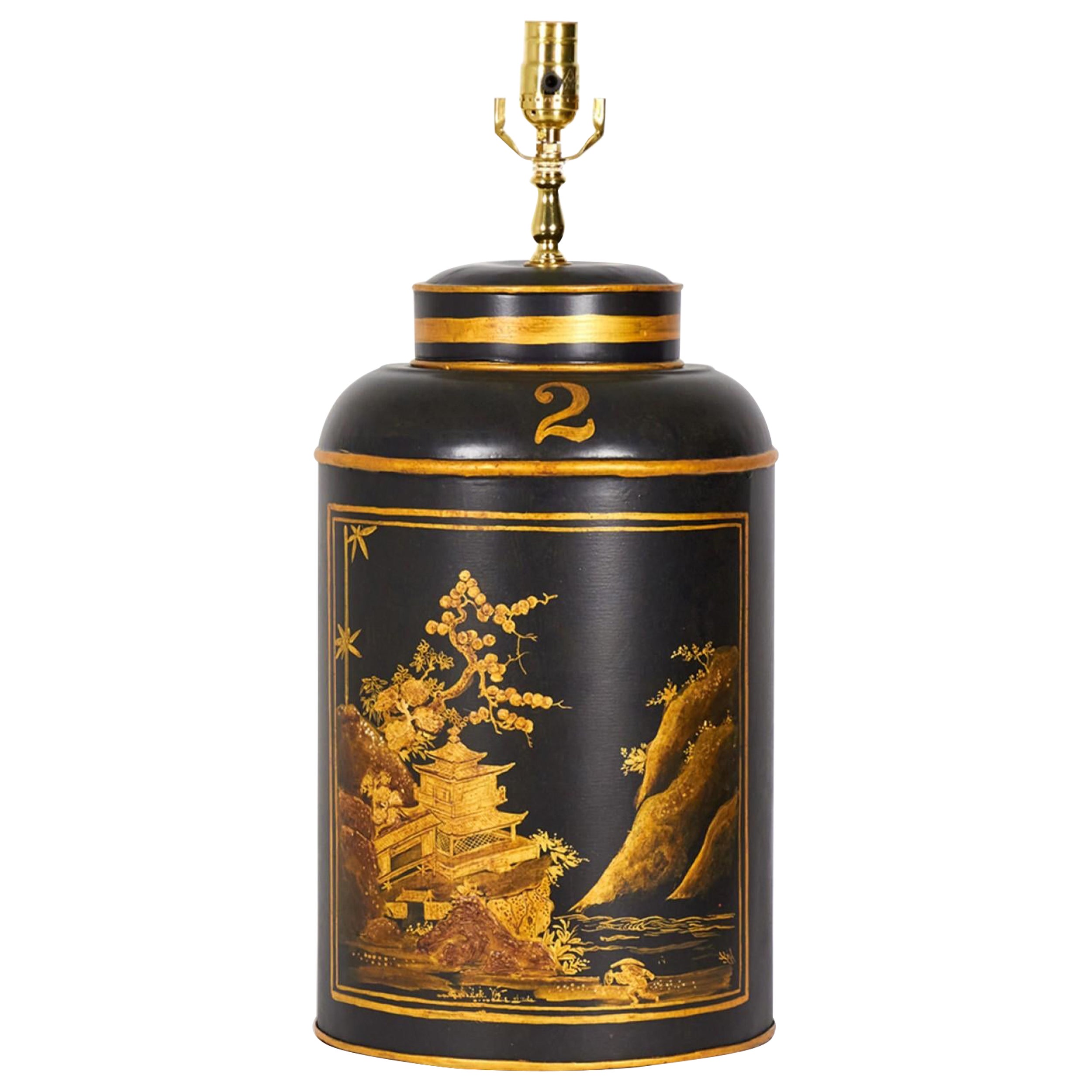 Vintage English Chinoiserie Landscape Hand-Painted Tole Tea Caddy Table ...