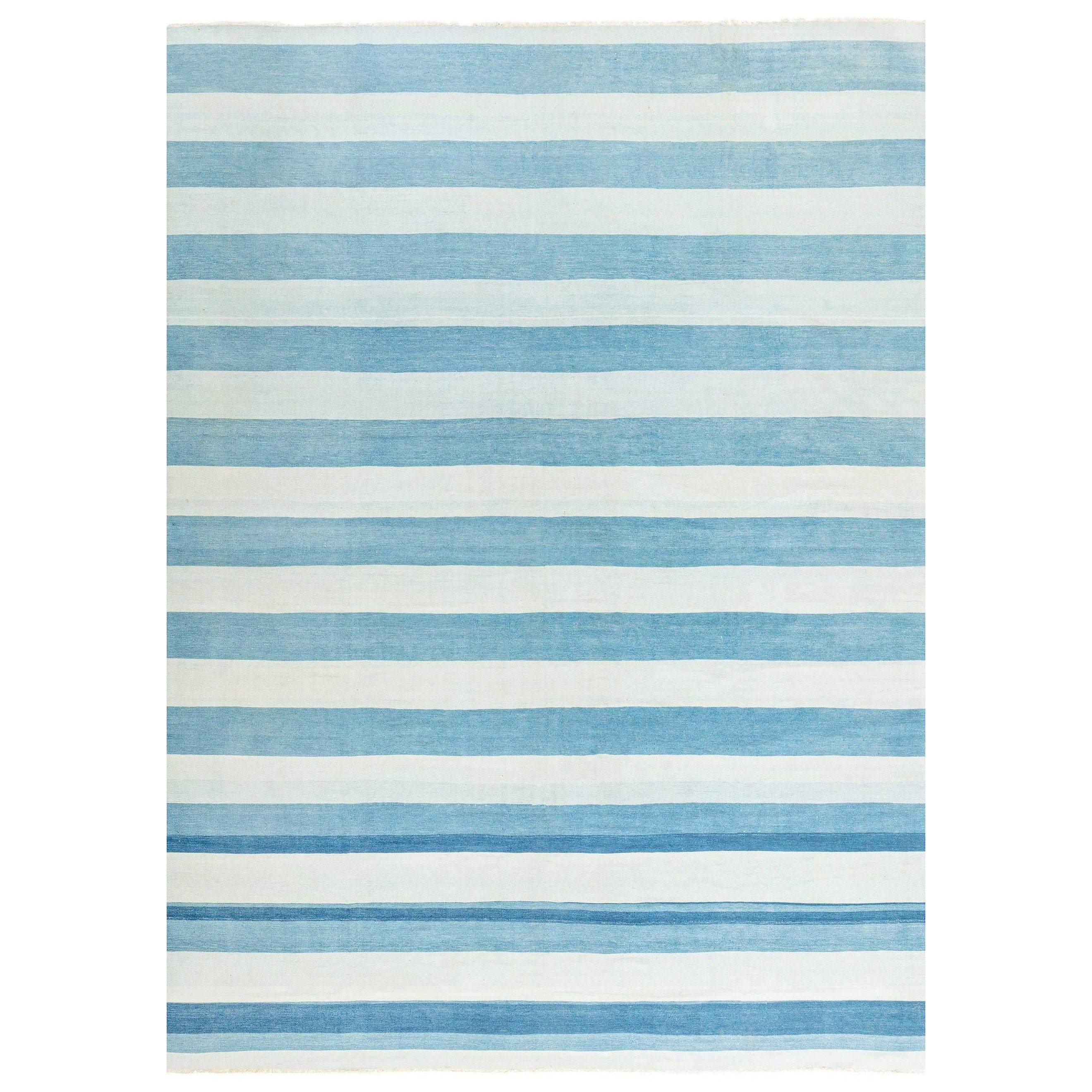 Doris Leslie Blau Vintage Indian Dhurrie Striped Blue Beige Rug For Sale at 1stDibs