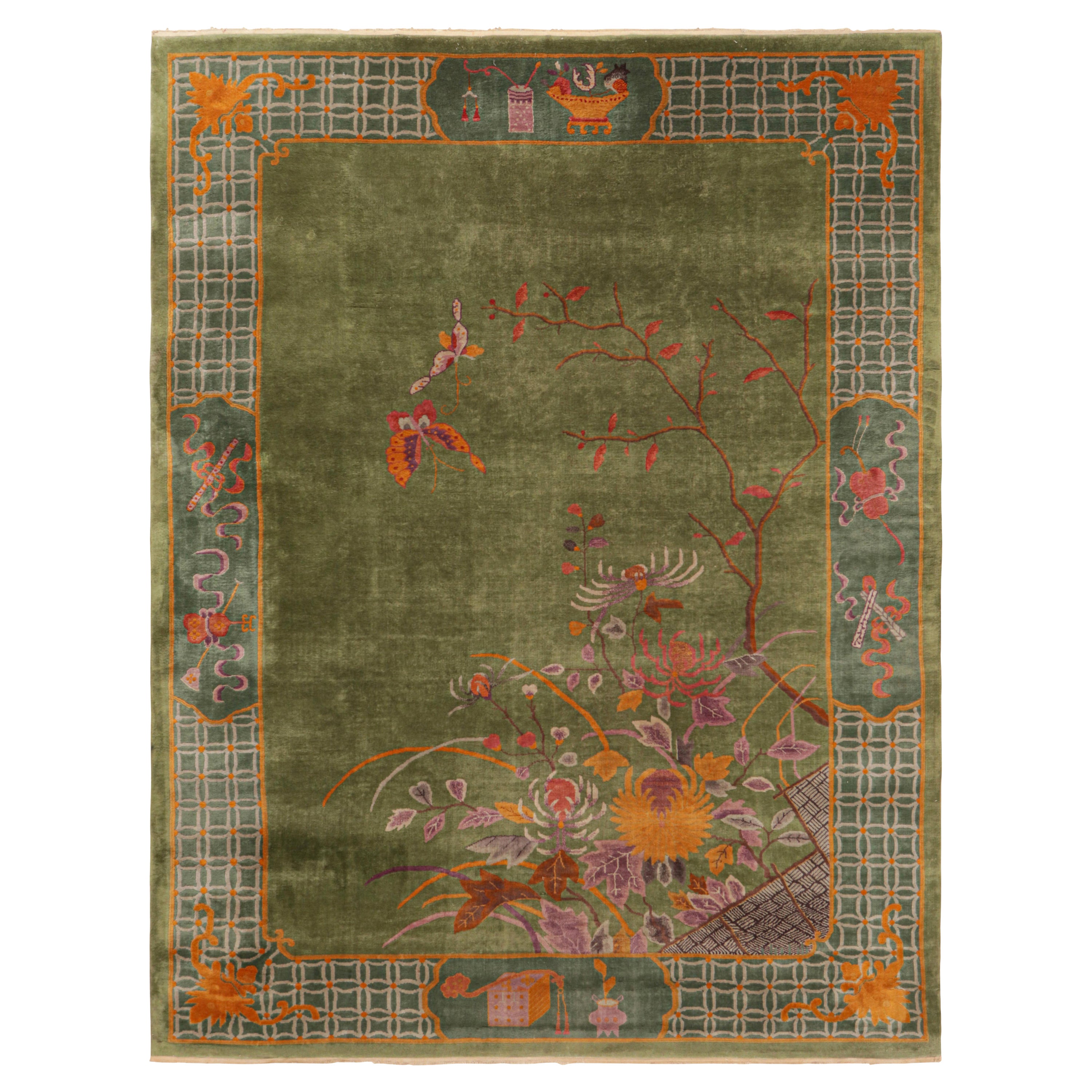 Antique Chinese Art Deco Rug in Green with Florals and Pictorials from ...