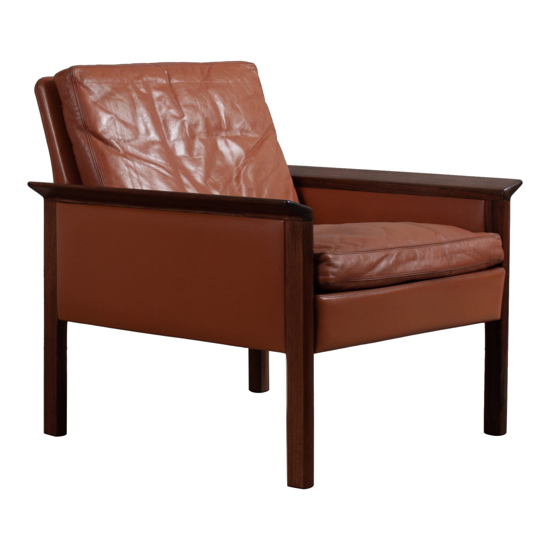 Hans Olsen Pair of Danish Lounge Chairs in Brown Leather and Rosewood ...