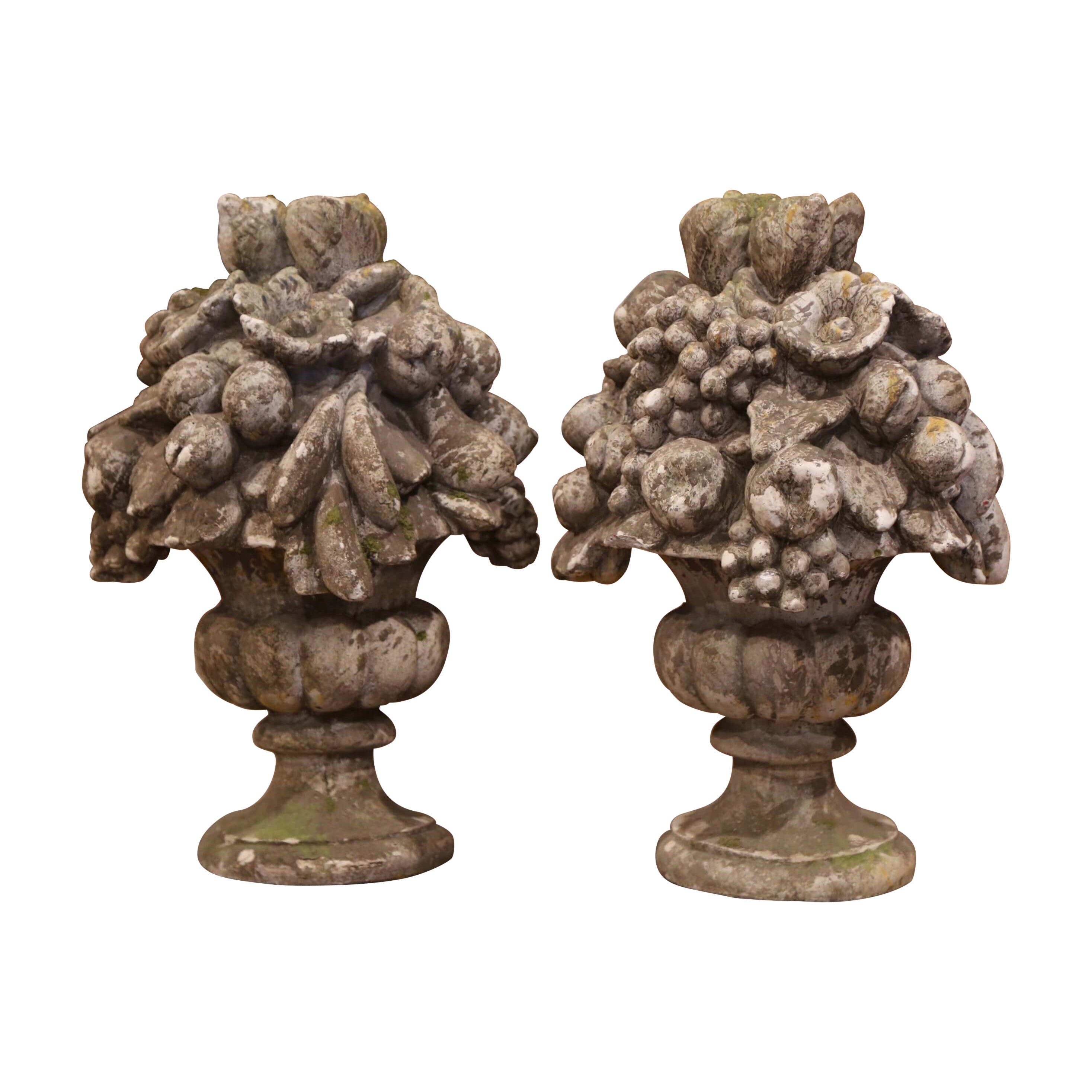 Pair of Vintage French Carved Weathered Outdoor Vases with Fruit Decor ...