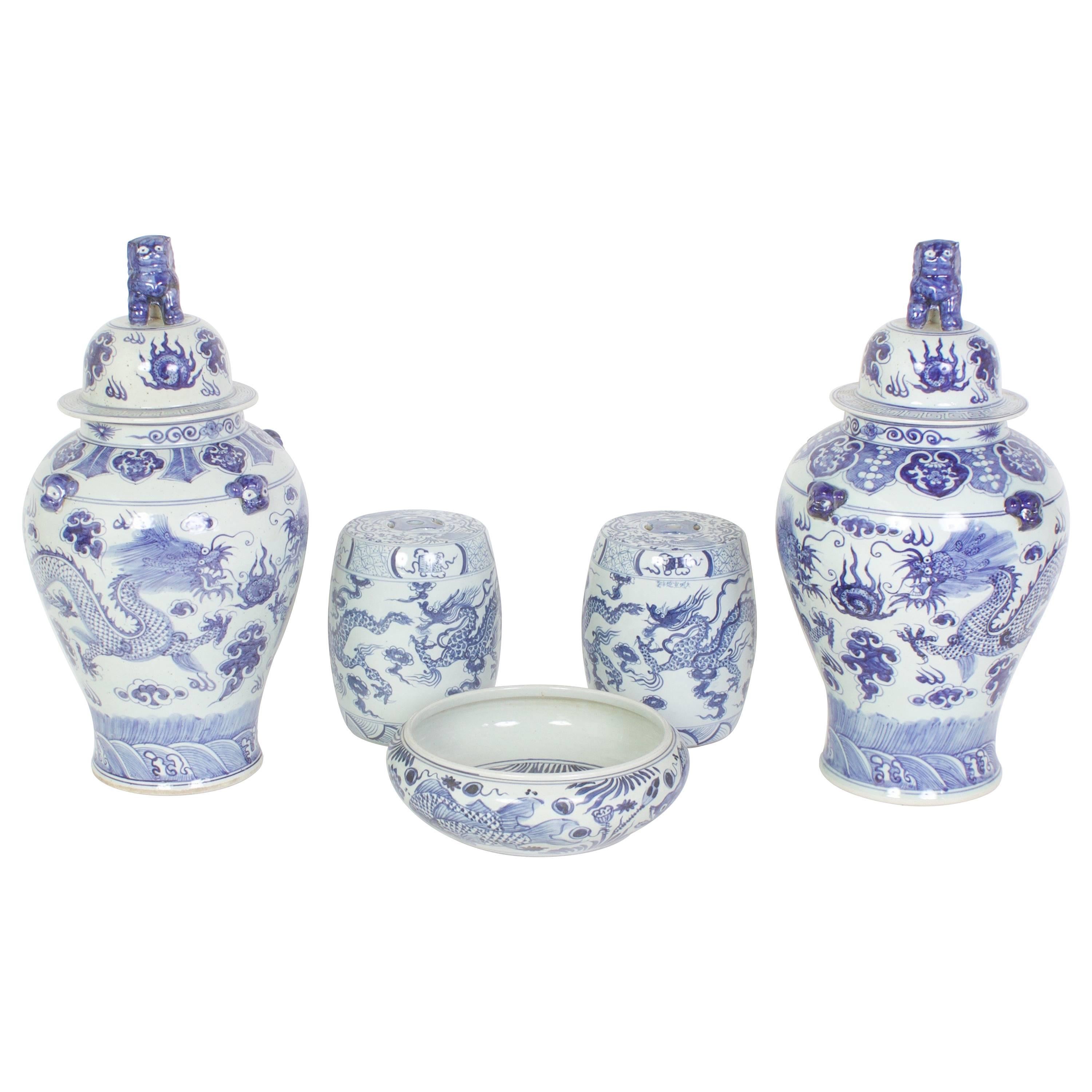 Pair of Chinese Export Lidded Jars, Two Miniature Garden Stools and a ...