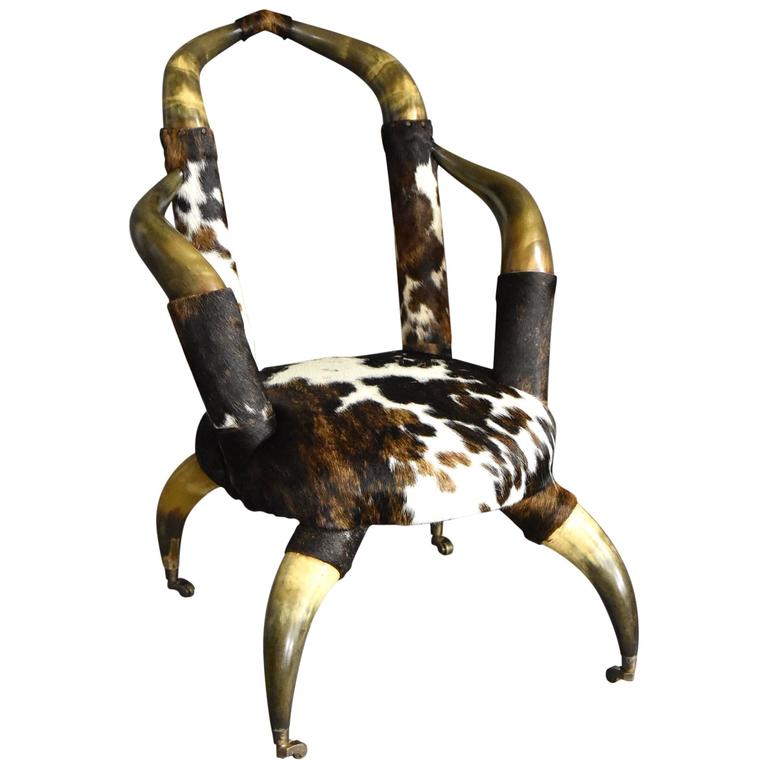 Rare Late 19th Century Decorative Bull Horn Armchair, Re-Upholstered in ...