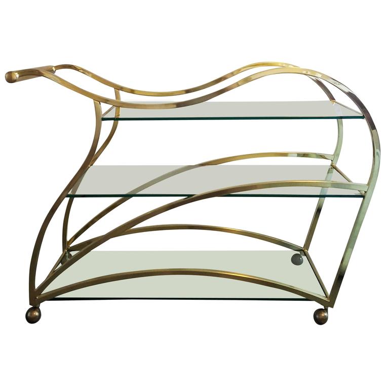 1970s Streamline Brass Bar Cart at 1stDibs