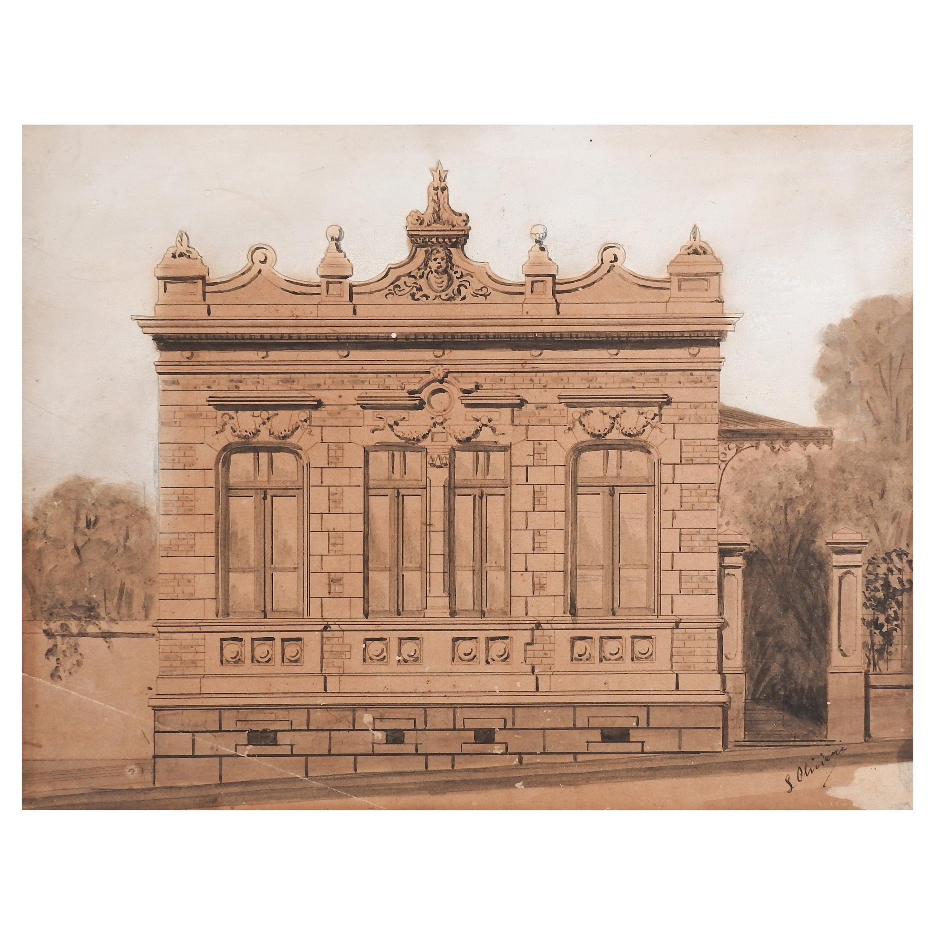 Antique Circa 1900 Architectural Watercolor Painting For Sale at 1stDibs