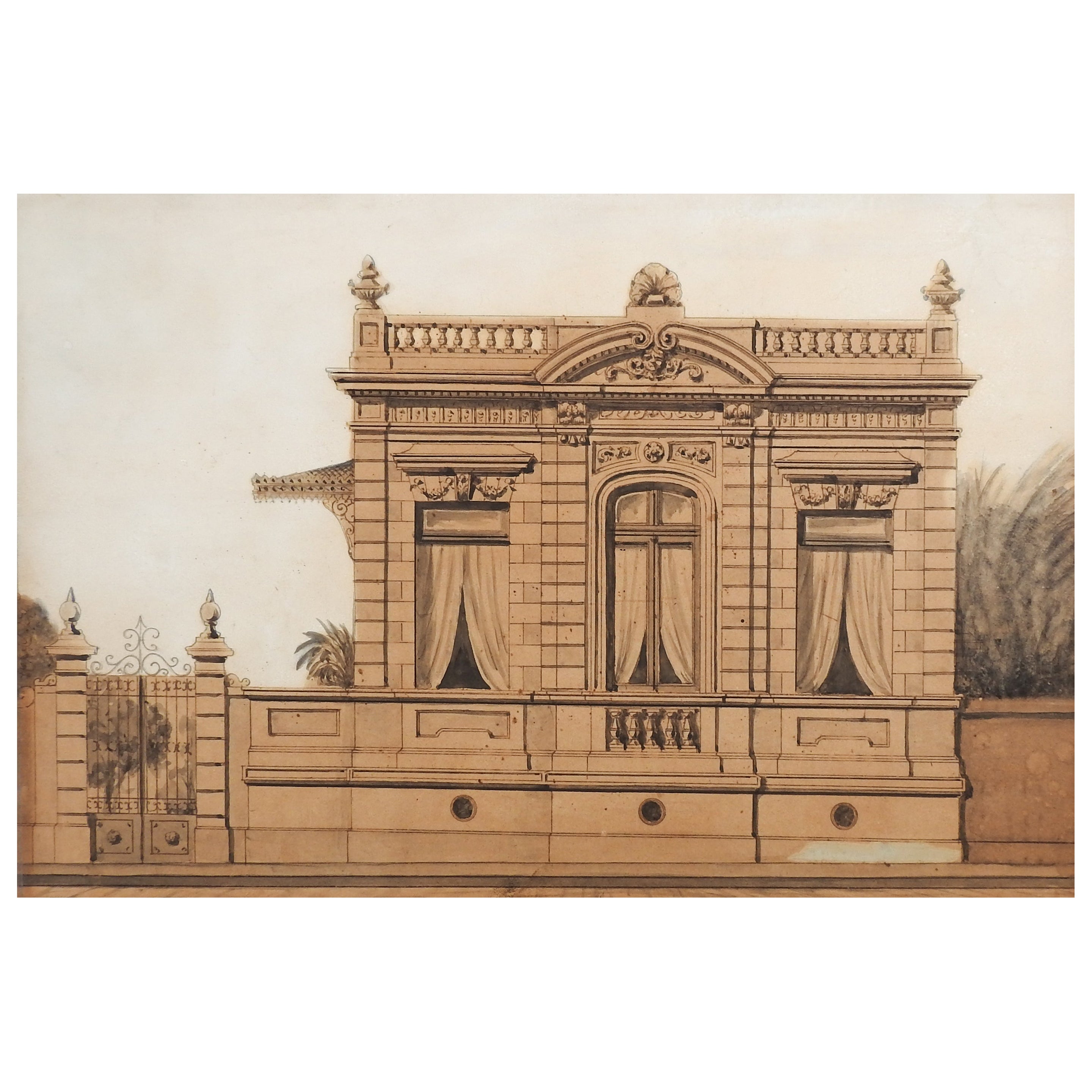 Antique Circa 1900 Architectural Rendering Watercolor Painting For Sale ...