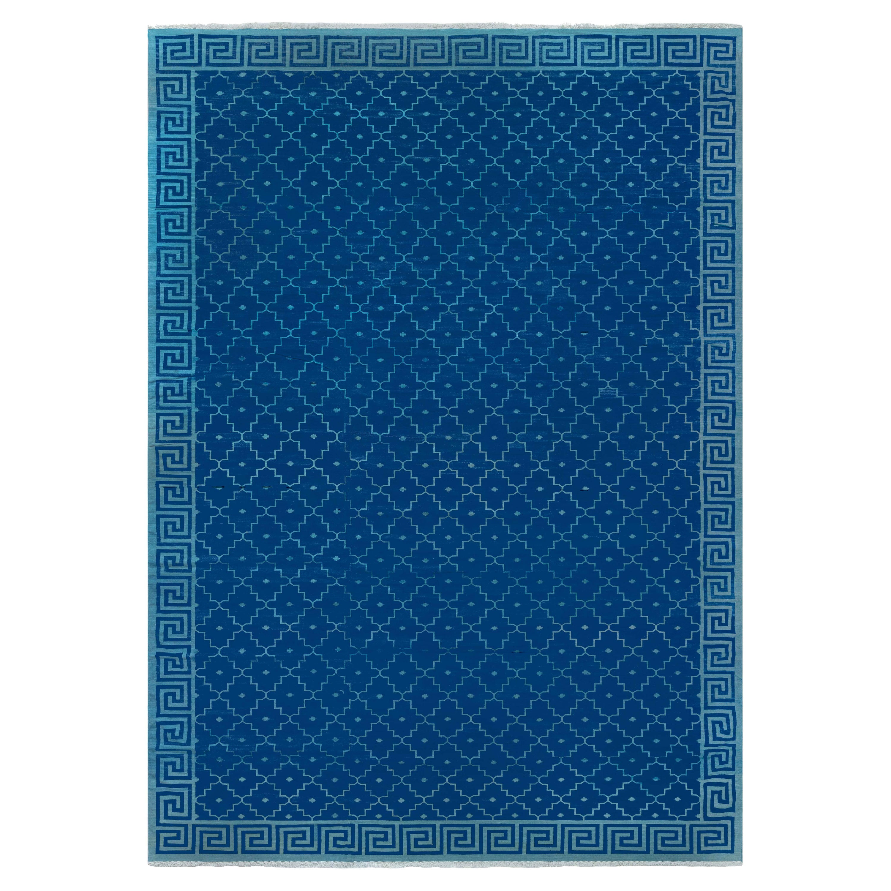 Handmade Cotton Area Flat Weave Rug, 9x9 Sky Blue And Green Tile Indian ...