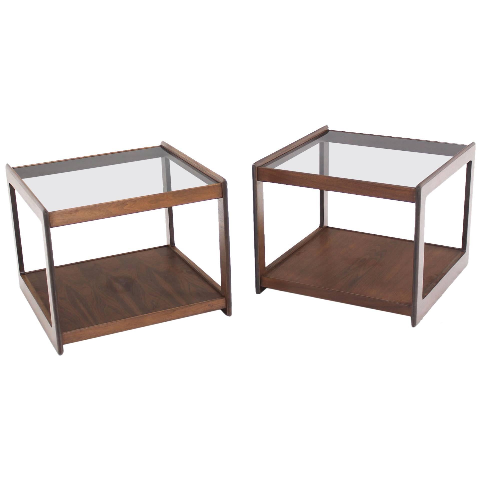 Pair of Cube Shape Walnut Glass Top End Tables at 1stDibs