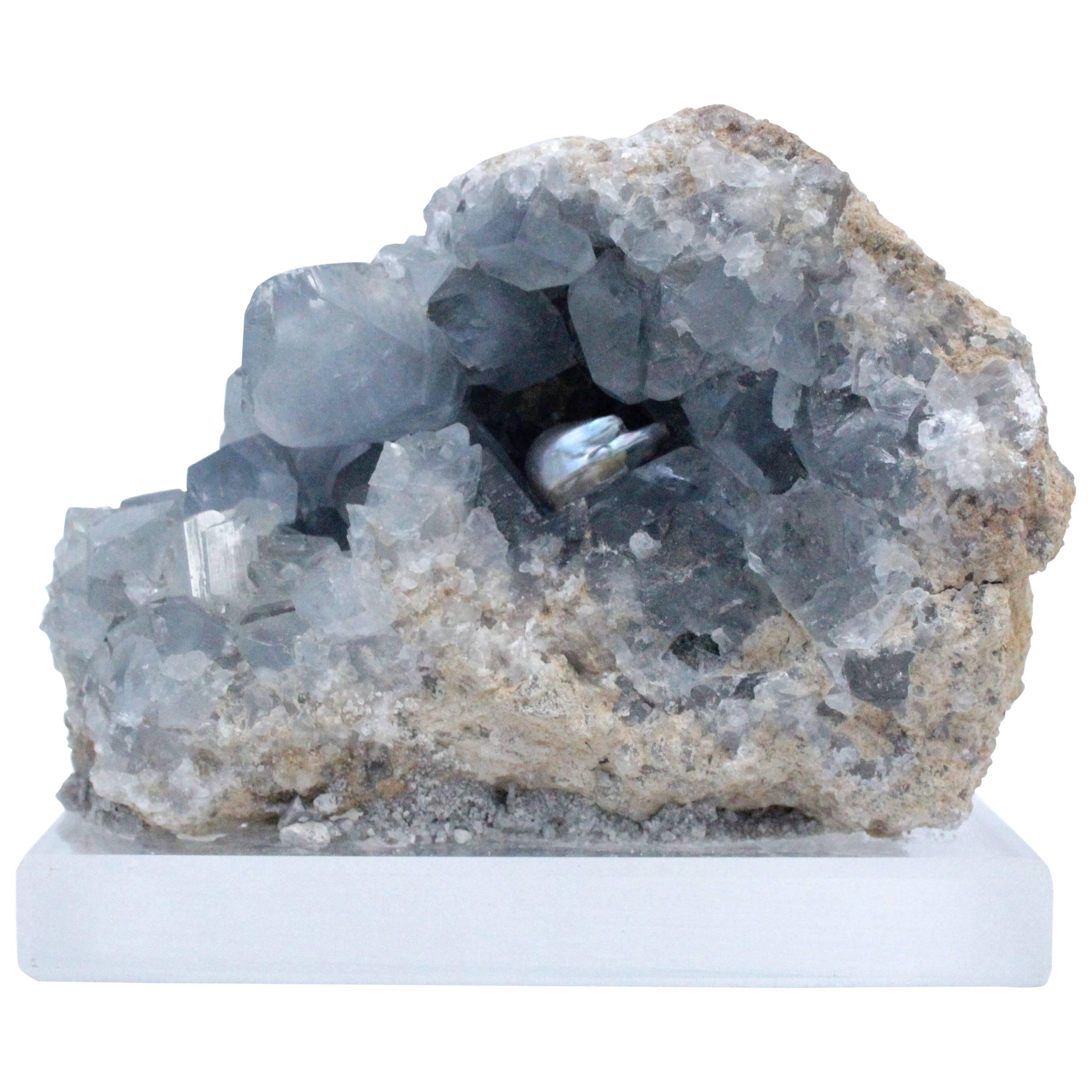 Celestine Geode with Pearl on Lucite Base For Sale at 1stDibs