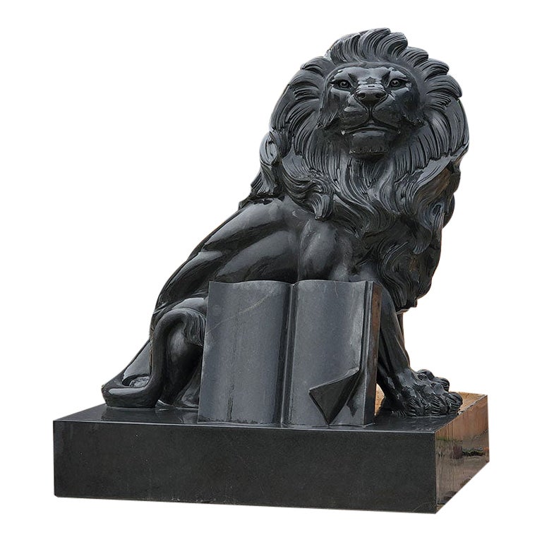 Black Granite Lion with Book Sculpture - Regal Guardian Statue For Sale ...