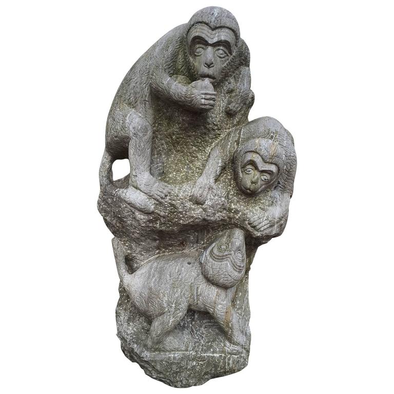 Monumental Hand-Carved Stone Sculpture "Monkey Mountain" Playful ...