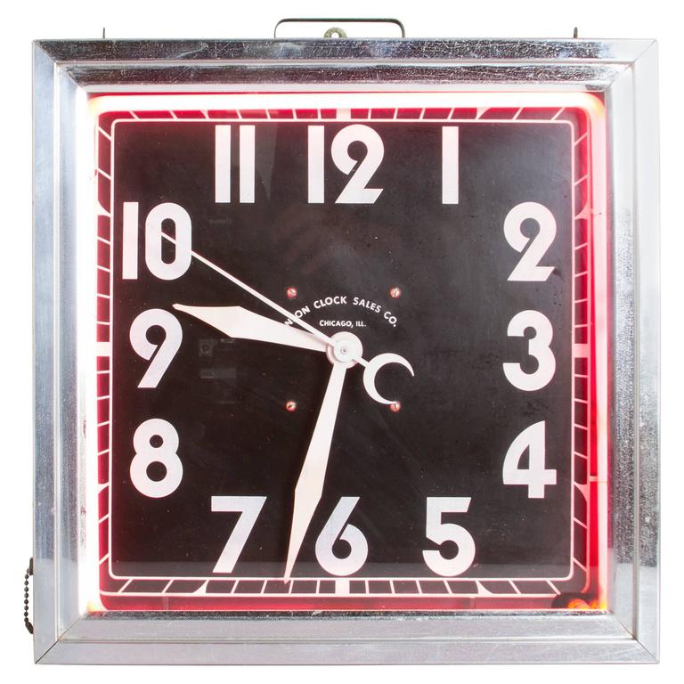 Graphic Art Deco Square Neon Clock at 1stDibs