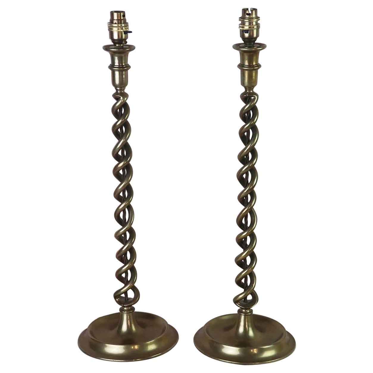 Pair of English oak barley twist candle-stick lamps at 1stDibs