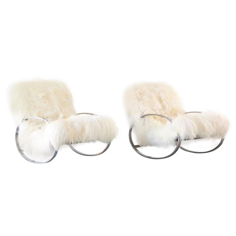 Pair of Mongolian Sheepkin Selig Rocking Chairs at 1stDibs