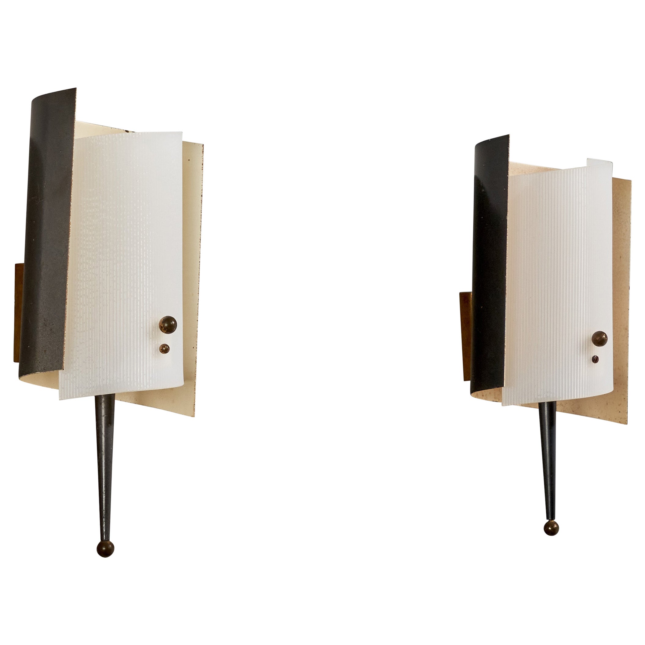 Jacques Biny, Wall Lights, Brass, Metal, Acrylic, France, 1950s For Sale at 1stDibs