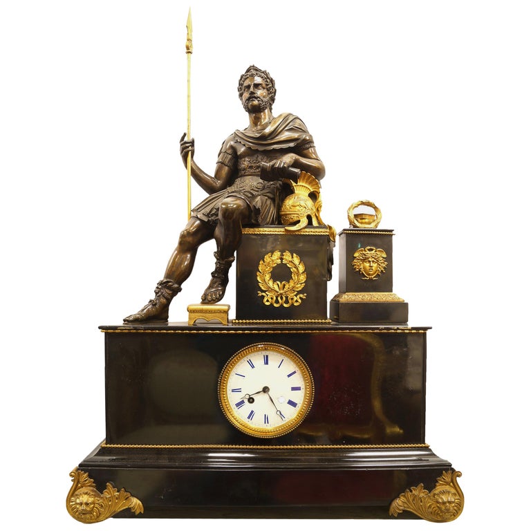 French Empire Style Bronze Figural Mantel Clock with Seated Roman ...