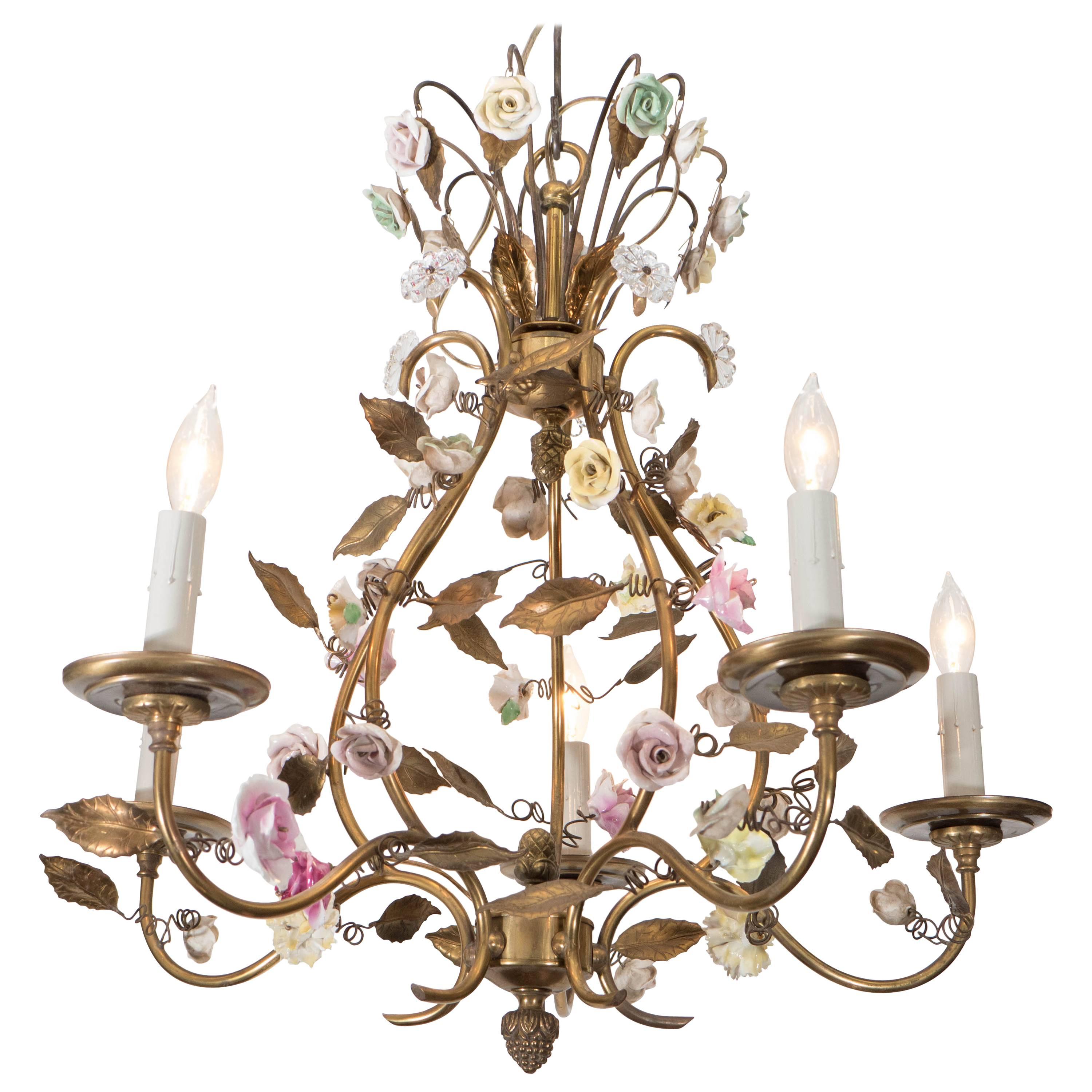 Mid-Century Italian Chandelier with Porcelain Roses at 1stDibs