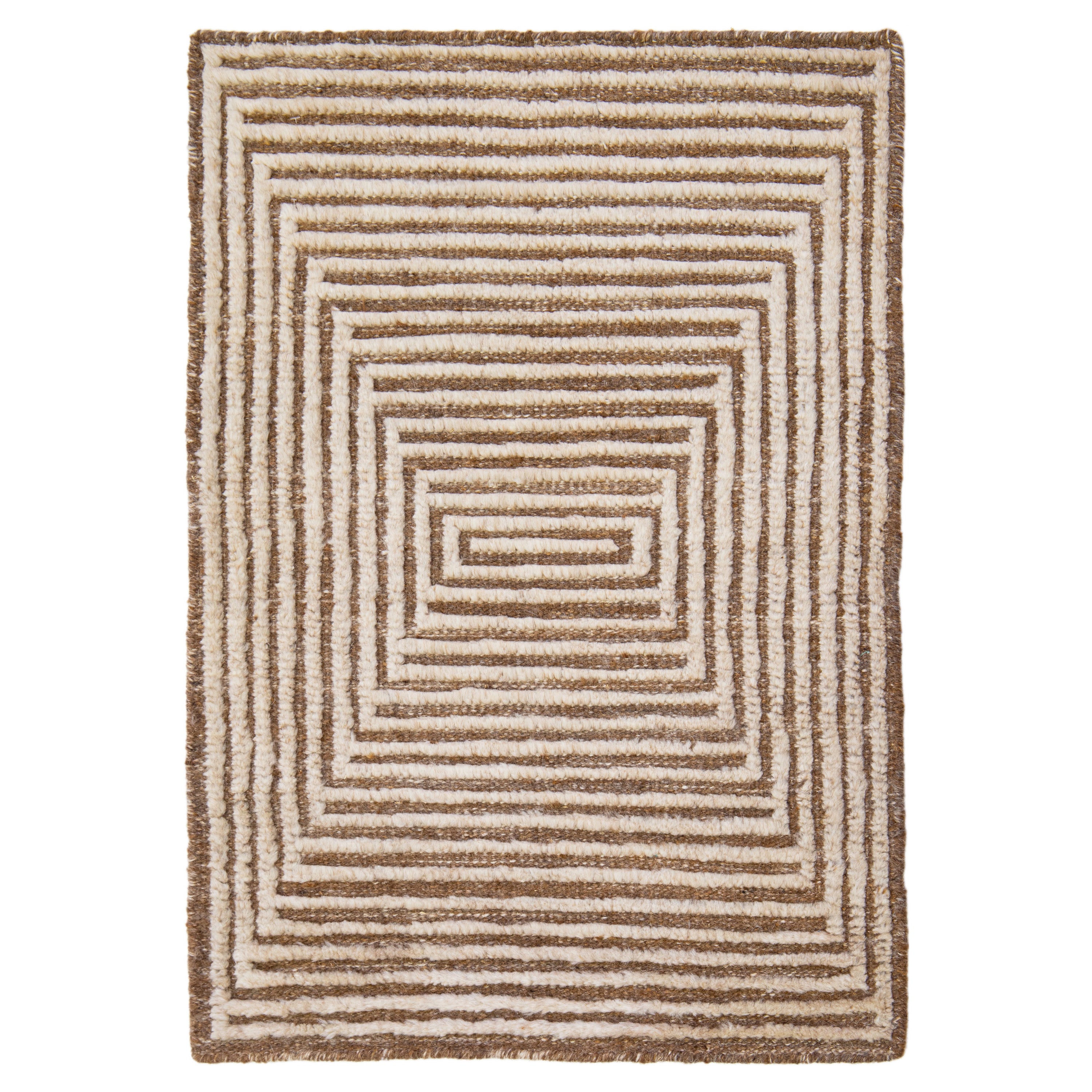 Handwoven Shaggy Labyrinth Wool Rug Beige Small For Sale at 1stDibs